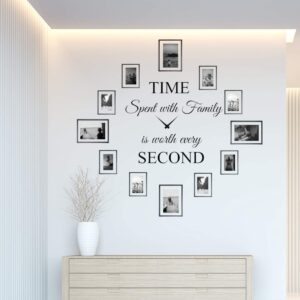 world of wall decal time spent with family is worth every second wall decal decor clock family quote saying vinyl wall art diy the photo frames are not included (22wx22l) matte black