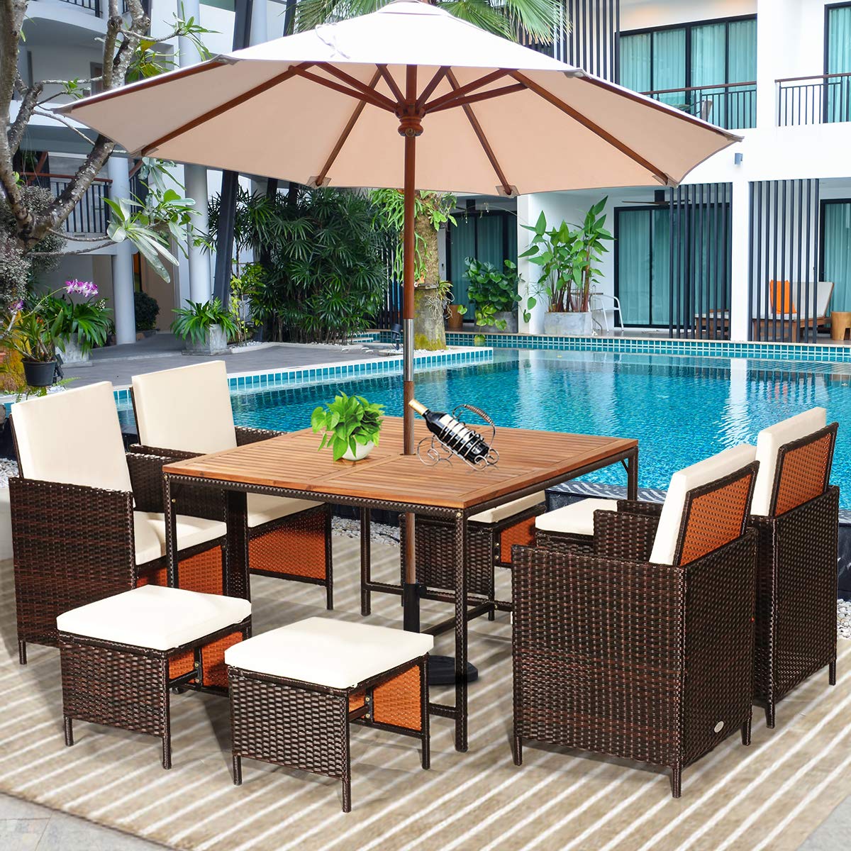 Tangkula 9 Pieces Acacia Wood Patio Dining Set, Space Saving Wicker Chairs and Wood Table with Umbrella Hole Outdoor Furniture Set, Suitable for Garden, Yard, Poolside, Outdoor Seating Set (White)