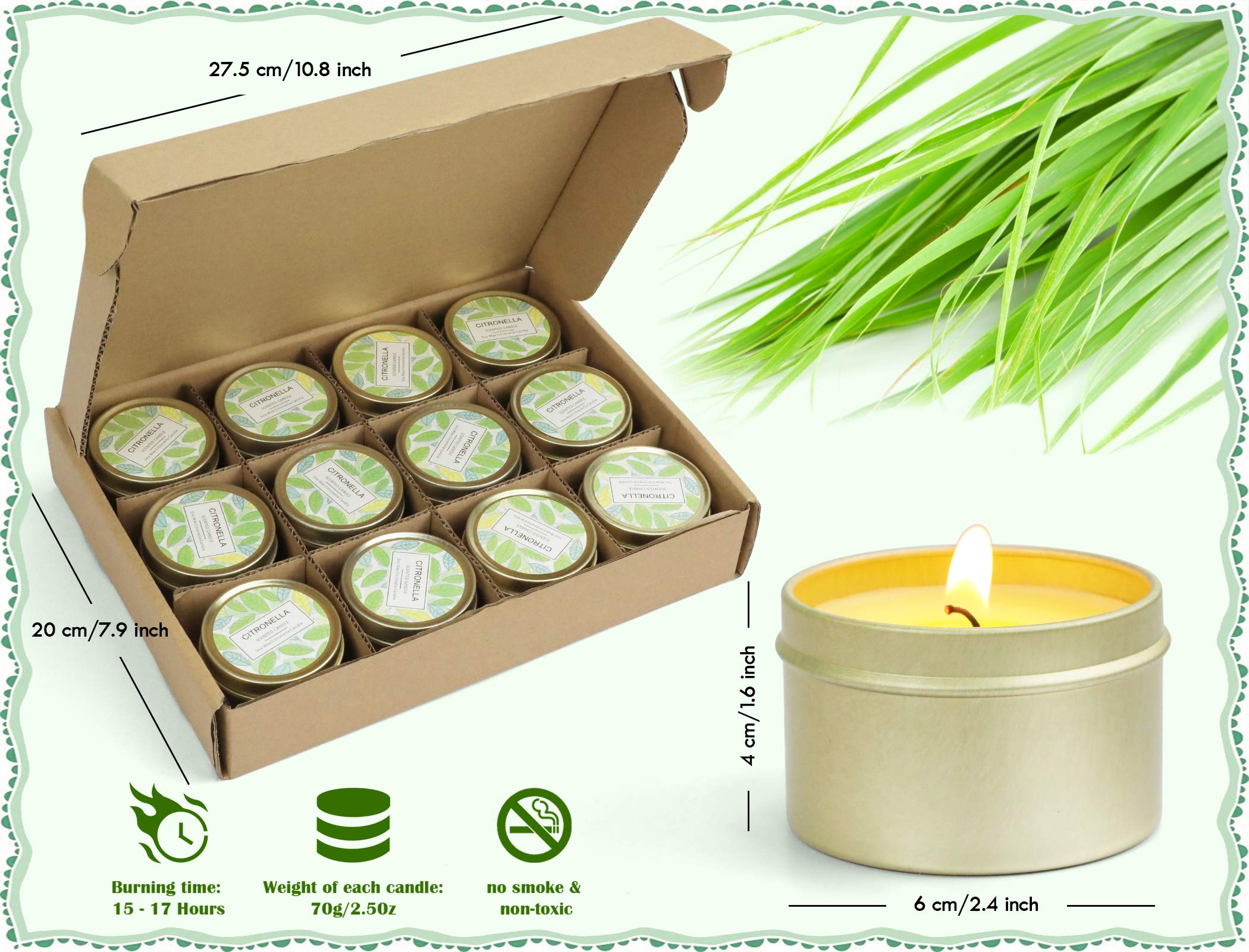 LA BELLEFÉE Citronella Candles Outdoor, Lemongrass Scented Candles,Natural Citronella Soy Candles Set,Summer Aromatherapy Candles Set for Patio Garden Balcony BBQ,Indoor/Outdoor Use (12 Pack)