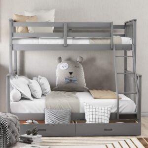 Twin Over Full Bunk Bed, Twin Over Full Bunk Bed with 2 Storage Drawers, Solid Wood Bunk Bed Frame with Guardrails and Ladder for Kids Boys Girls Teens Adults, No Box Spring Needed, Grey