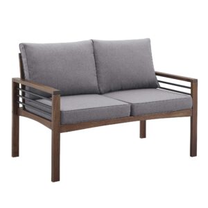 walker edison 2 person outdoor patio modern wood and metal loveseat with washable cushions all weather backyard conversation garden poolside balcony, 48 inch, dark brown and grey