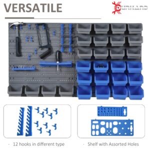 DURHAND 44 Piece Wall Mounted Pegboard Tool Organizer Rack Kit with Various Sized Storage Bins, Pegboard, & Hooks, Blue