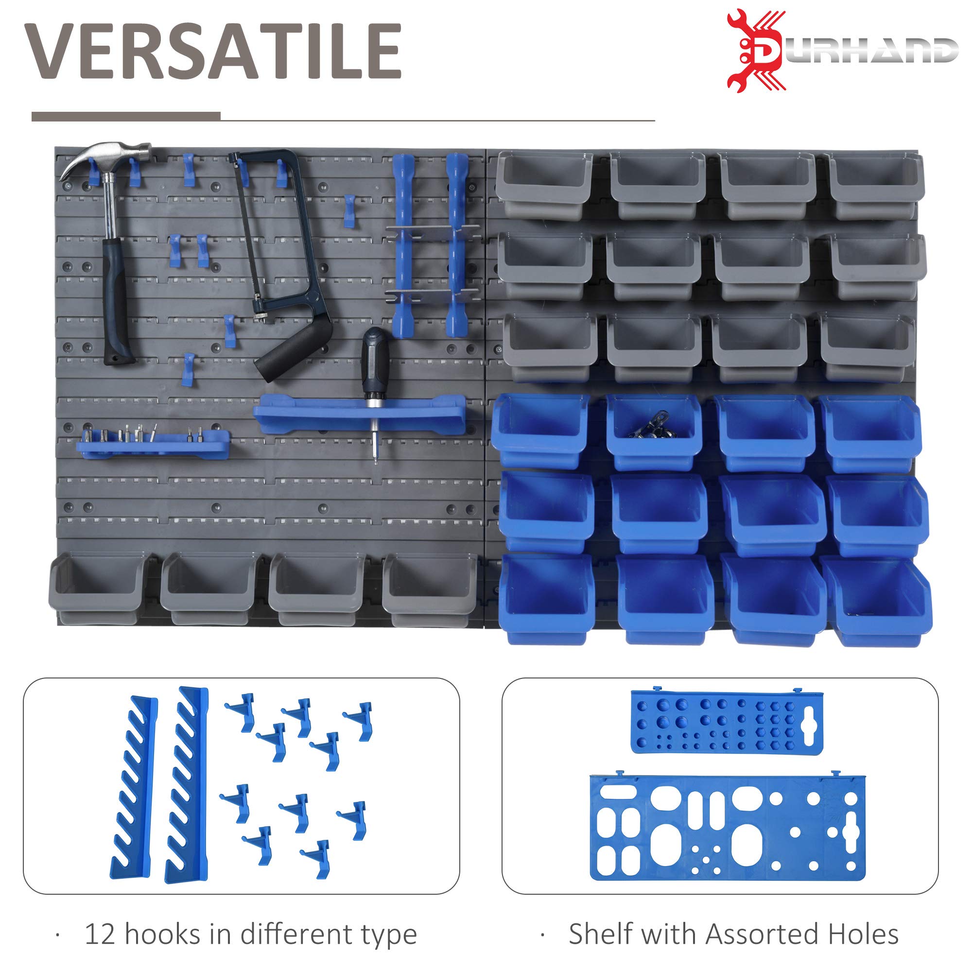 DURHAND 44 Piece Wall Mounted Pegboard Tool Organizer Rack Kit with Various Sized Storage Bins, Pegboard, & Hooks, Blue