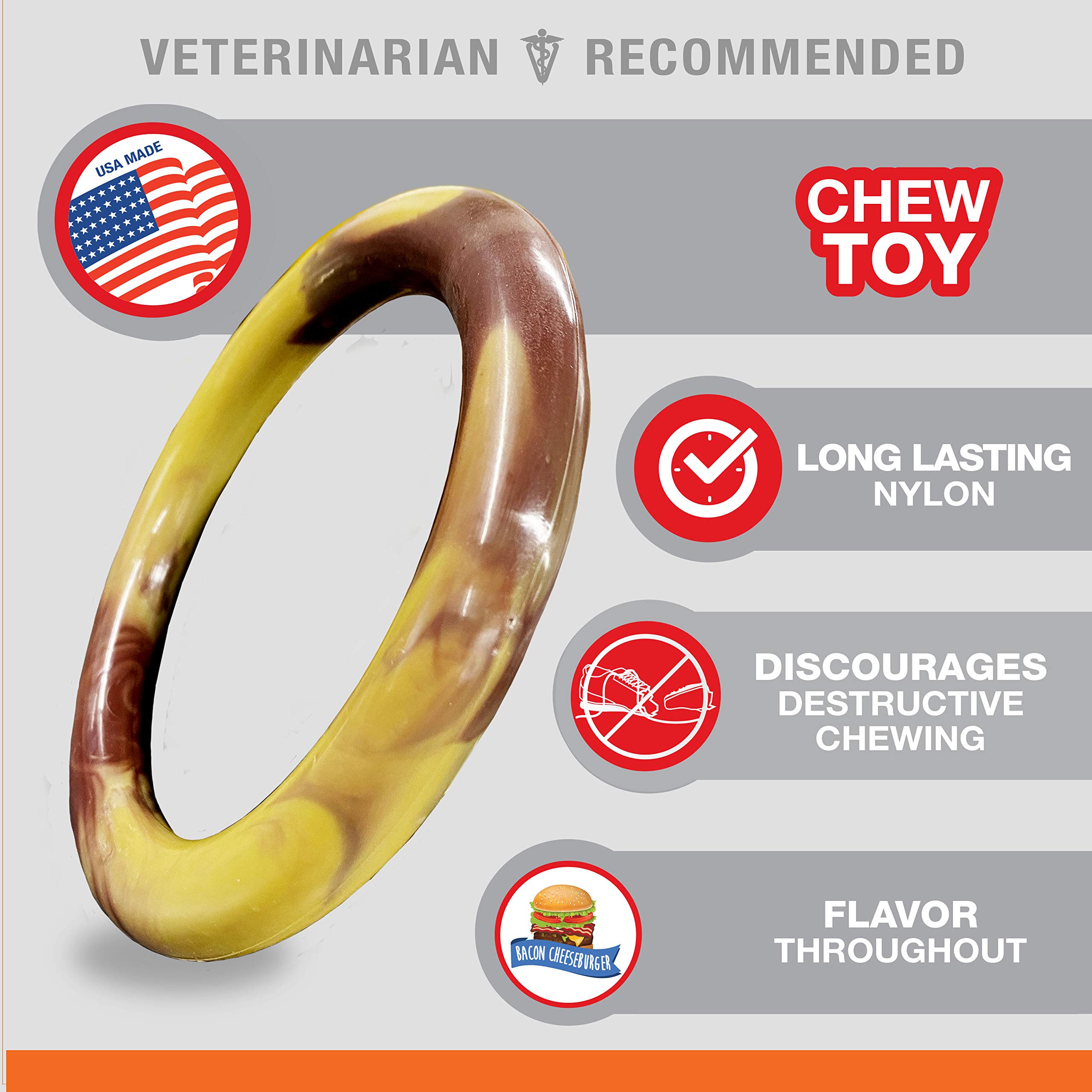 Nylabone Power Chew Flavor Frenzy Ring Chew Toy for Dogs, Indestructible Chew Toys for Aggressive Chewers, Bacon Cheeseburger Flavor, Large/Giant - Up to 50 lbs. (1 Count)