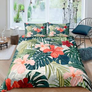 erosebridal palm leaves bedding set, vintage flowers comforter cover monstera branches hawaii tropical leaves quilt cover summer romantic hippie duvet cover 3pcs king size with zipper closure