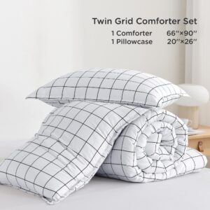 Andency Twin Size Comforter Set for Kids, 2 Pieces Black Striped White Grid Geometric Bedding Comforter, All Season Soft Lightweight Microfiber Down Alternative Bed Set for Boys Girls