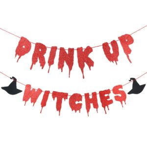 red glitter drink up witches banner, halloween witch banner witches halloween party banner for witch party decorations halloween haunted mansion party decorations