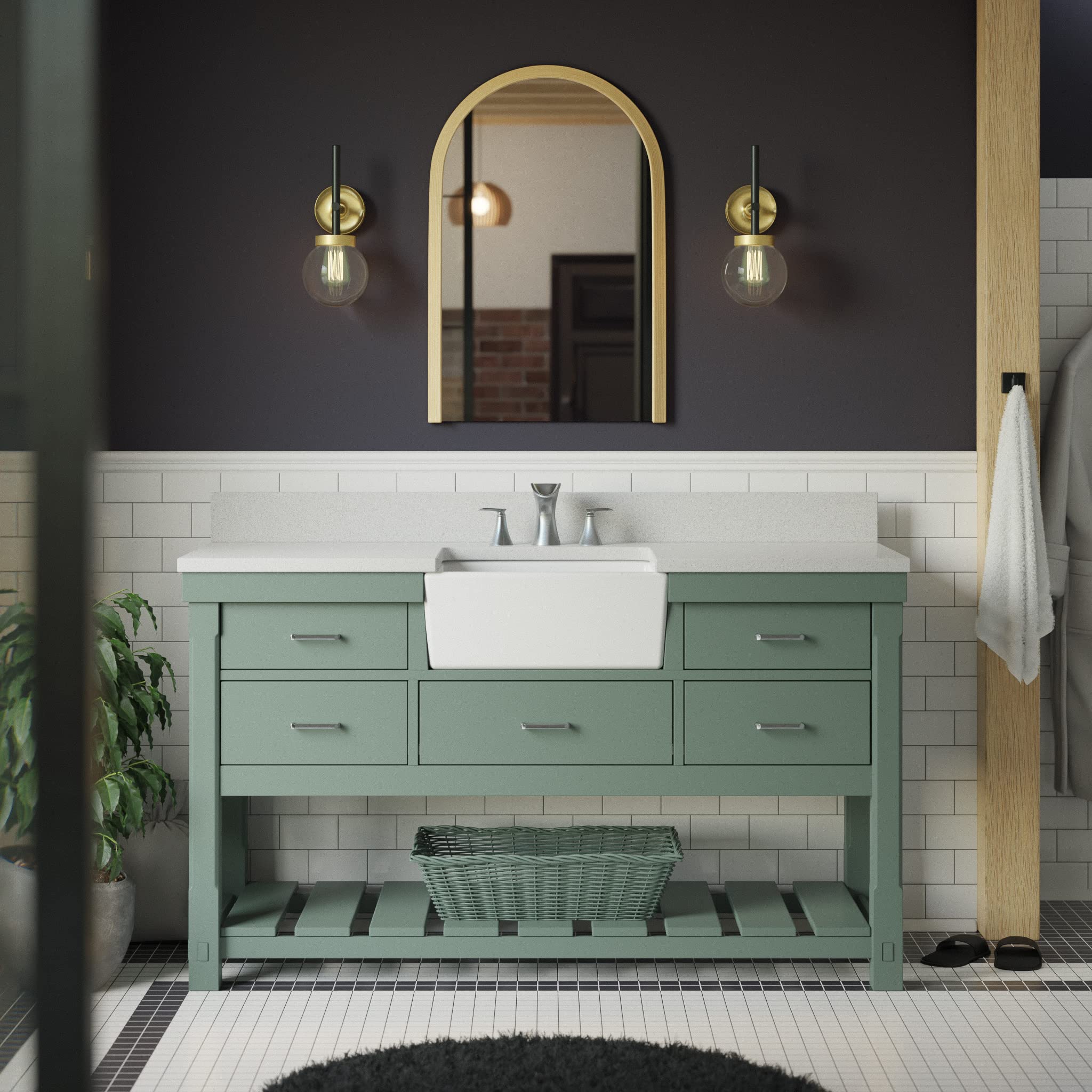 Kitchen Bath Collection Charlotte 60-inch Single Bathroom Vanity (Quartz/Sage Green): Includes Sage Green Cabinet with Stunning Quartz Countertop and White Ceramic Farmhouse Apron Sink