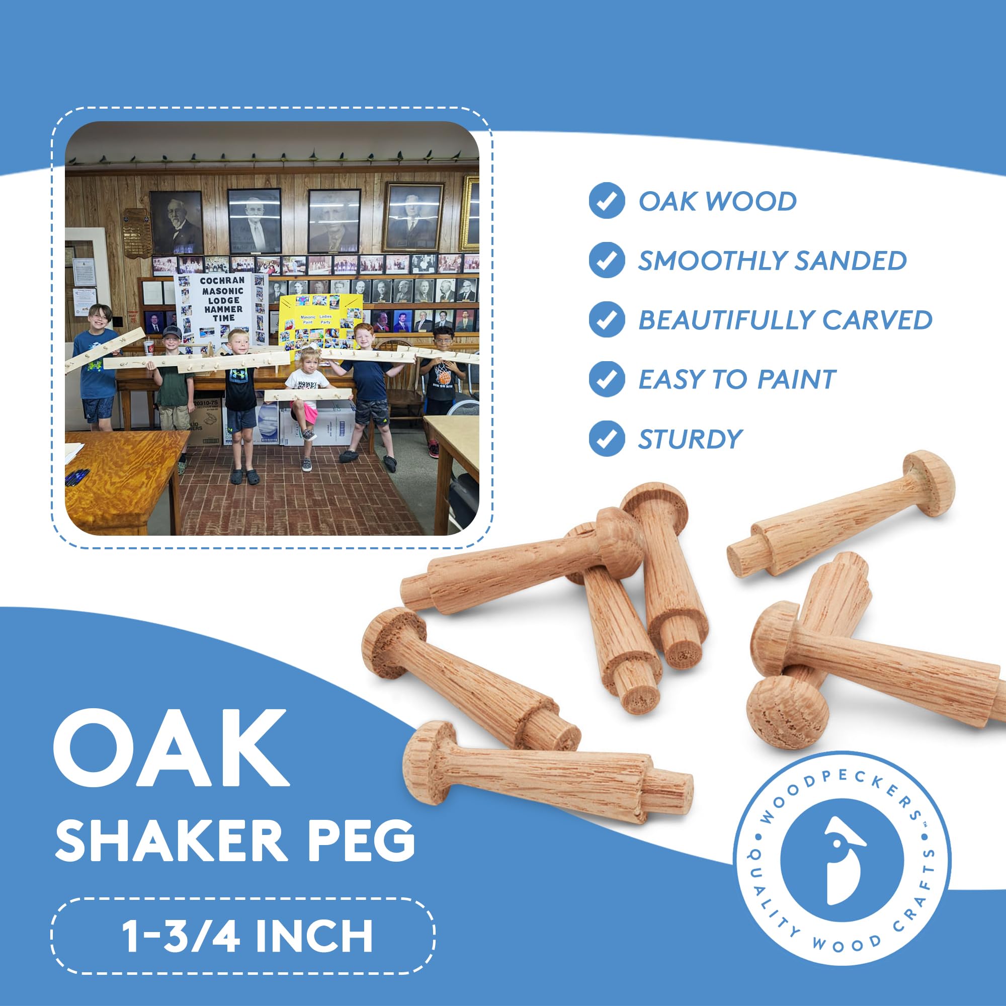 Oak Shaker Peg 1-3/4 inch, Pack of 25 Wooden Pegs for Hanging, DIY Shaker Rack and Rail, by Woodpeckers