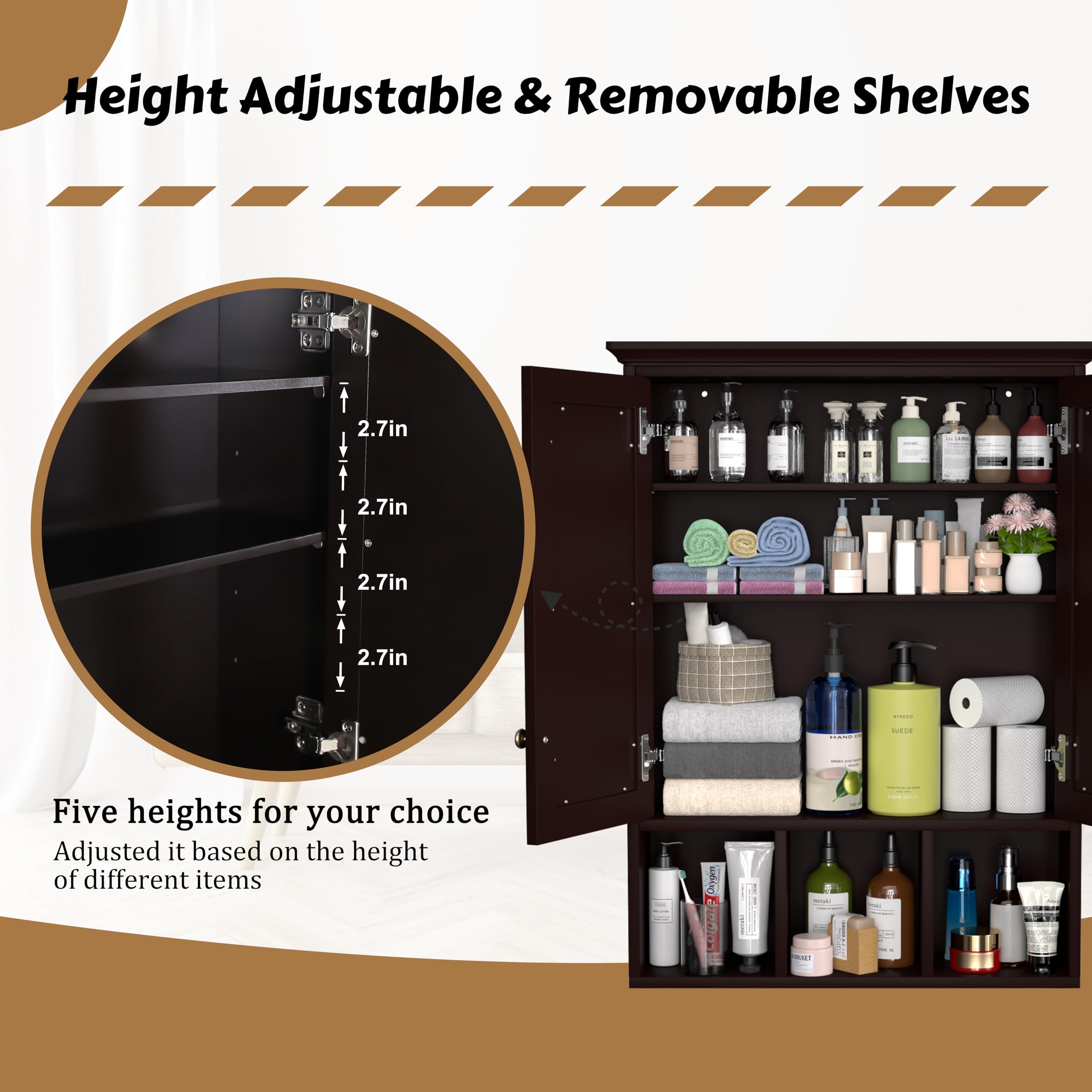 VEIKOUS 23.6 x30.4inch Medicine Cabinets for Bathroom, Oversized Bathroom Cabinet Wall Mounted w/Dual Mirror Doors & Adjustable Shelves, Espresso