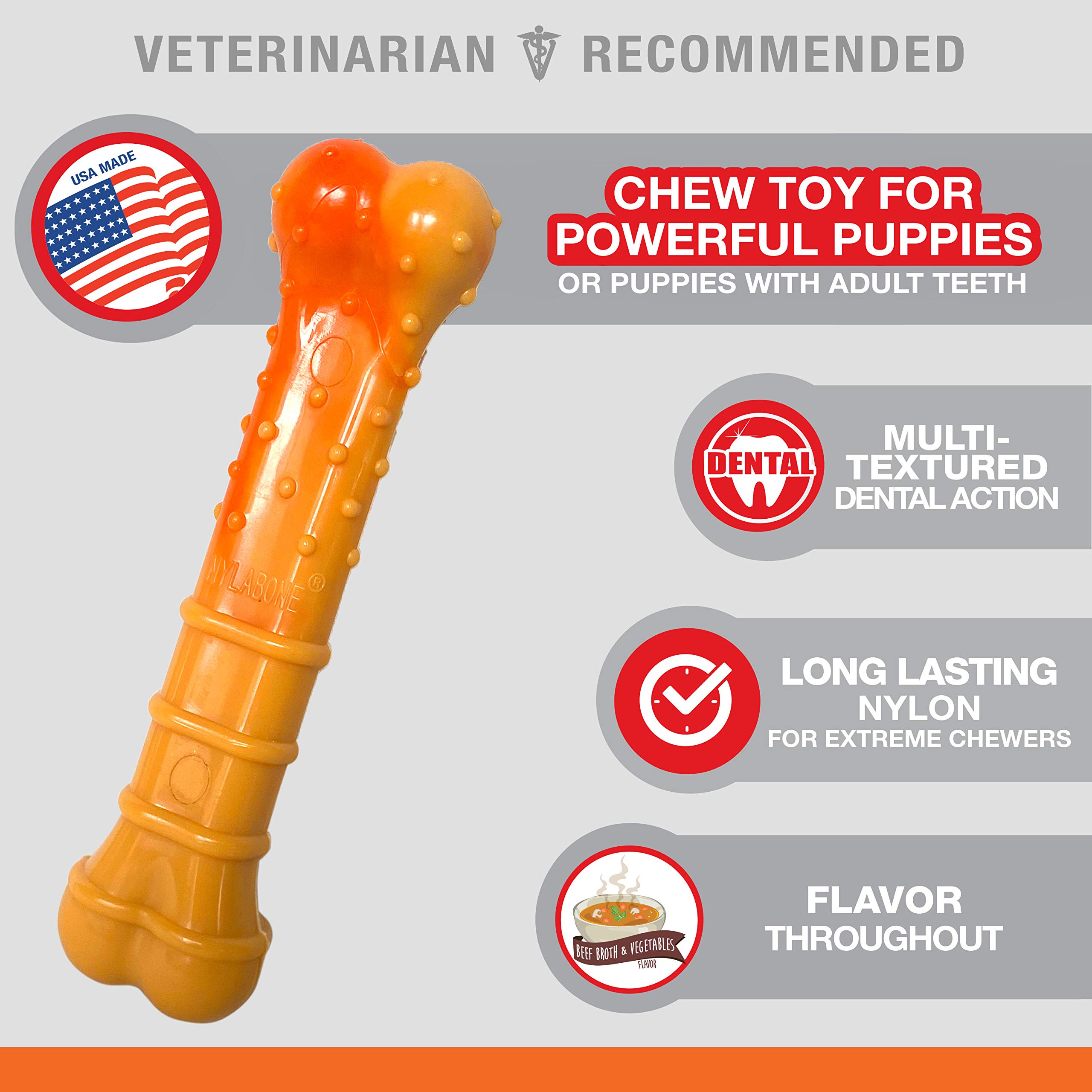 Nylabone Puppy Power Chew Toy - Tough and Durable Puppy Chew Toy for Teething - Puppy Supplies - Beef Broth & Vegetable Flavor, Small (1 Count)