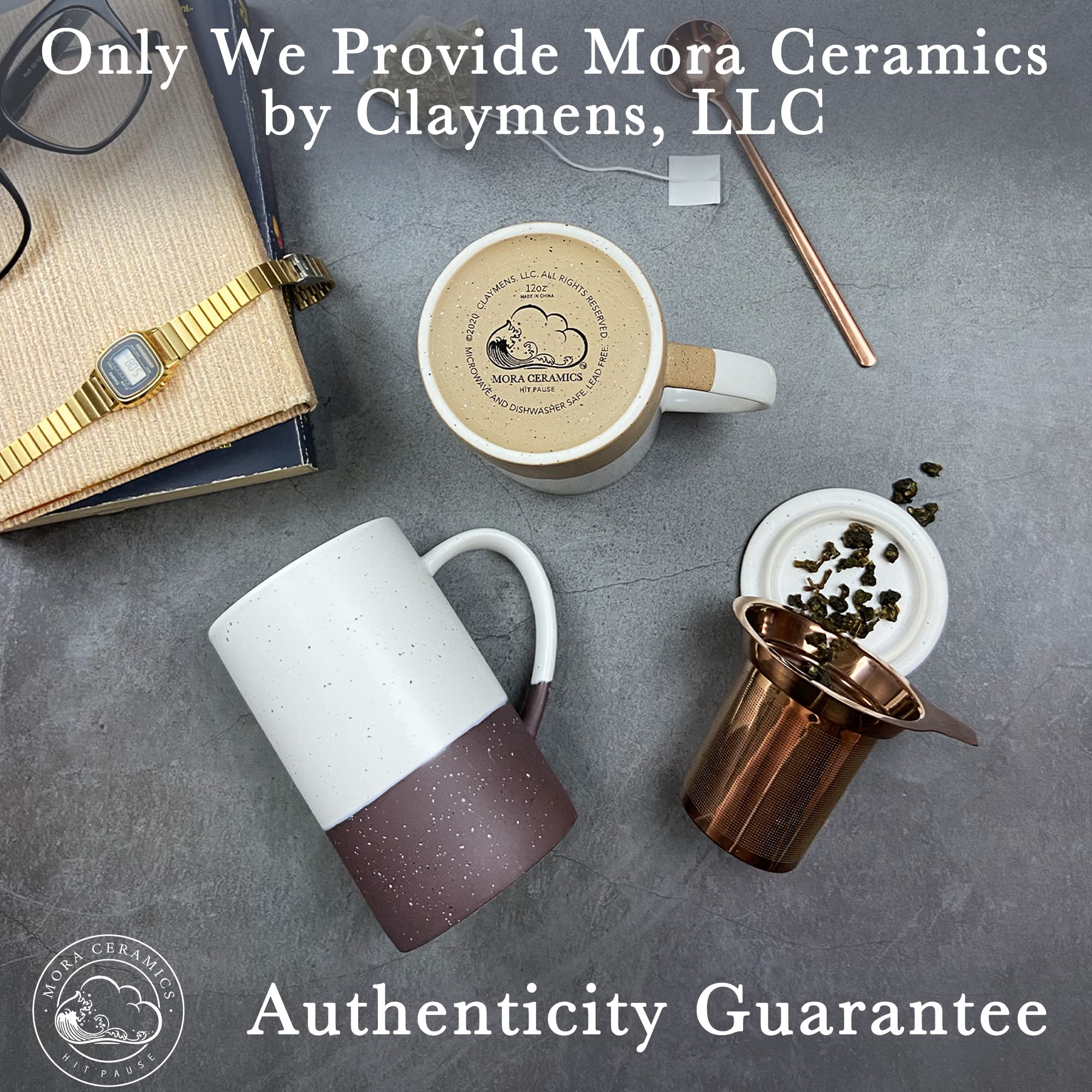 Mora Ceramics Tea Cup with Loose Leaf Infuser, Spoon and Lid, 12 oz, Microwave and Dishwasher Safe Coffee Mug - Rustic Matte Ceramic Glaze, Modern Herbal Tea Strainer - Great Gift for Women, Garnet