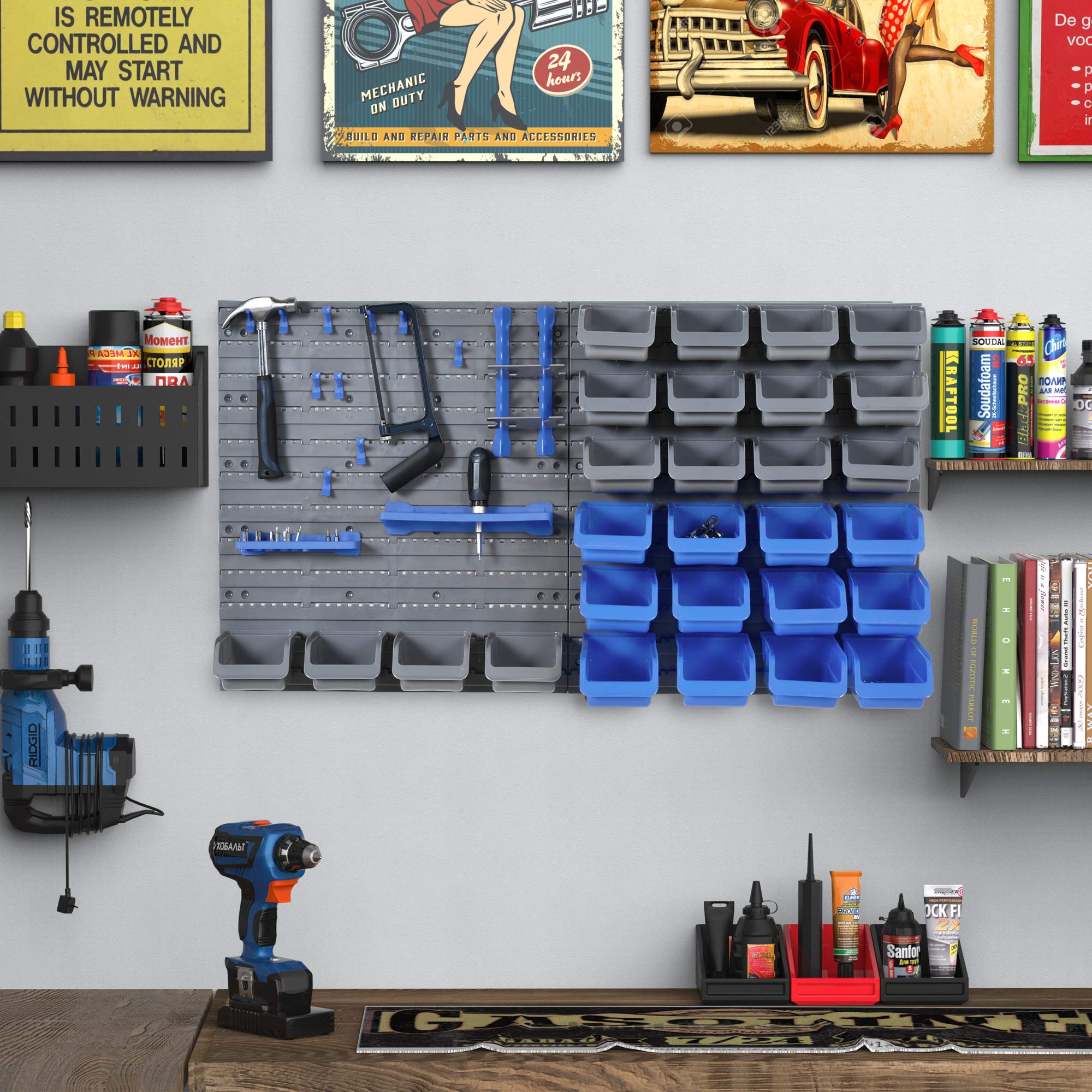 DURHAND 44 Piece Wall Mounted Pegboard Tool Organizer Rack Kit with Various Sized Storage Bins, Pegboard, & Hooks, Blue