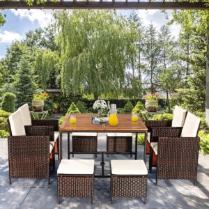 Tangkula 9 Pieces Acacia Wood Patio Dining Set, Space Saving Wicker Chairs and Wood Table with Umbrella Hole Outdoor Furniture Set, Suitable for Garden, Yard, Poolside, Outdoor Seating Set (White)