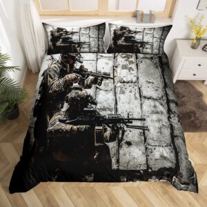 american soldier comforter cover, boys teens under mission duvet cover, army rifle machine gun bedding set, military themed quilt cover queen camouflage bedroom decor for youth man gamer room decor