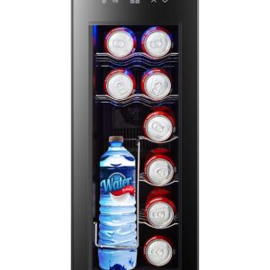 FRIGIDAIRE EFRW1225AMZ EFRW1225 Wine & Beverage Cooler with Curved Glass Door-12 Drinks Fridge, Digital Control, Ideal for Home, DC Rated for Use with Car Cord or AC Adapter, Black, 12-bottle