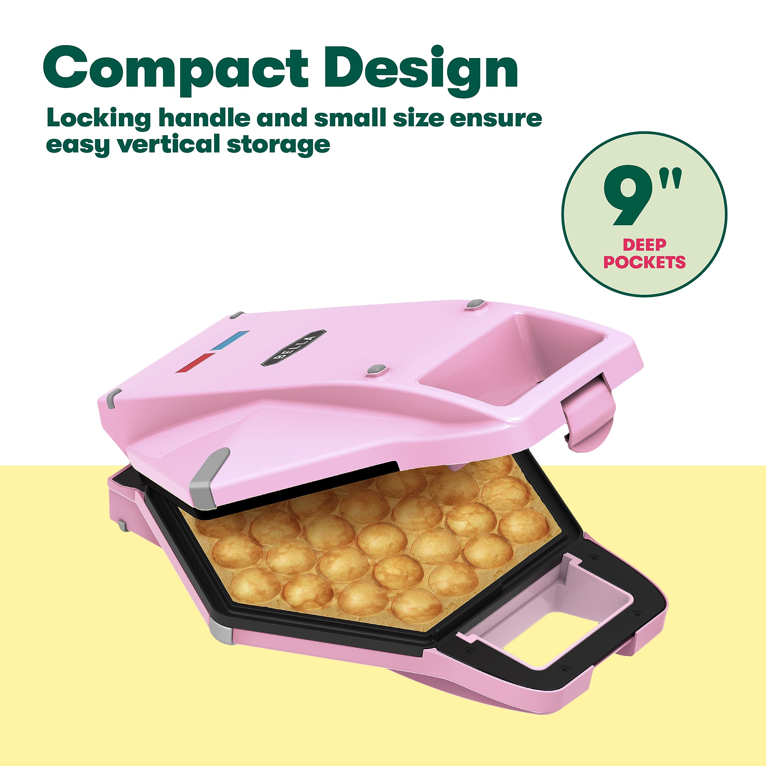 BELLA Bubble Waffle Maker for Hong Kong Style Breakfast Dessert 9" Waffles, Non-stick Iron Plates for Easy Cleaning and Food Release, Cone Rack Included, Pink