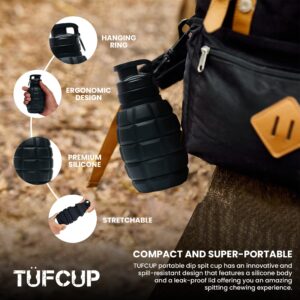 TUFCUP Spit Cup Spittoon for Chewing, Portable Reusable Spit Dipping Cup with Lid, Collapsible Spill Resistant Leak Proof Silicone Body Travel Spitter (Black)