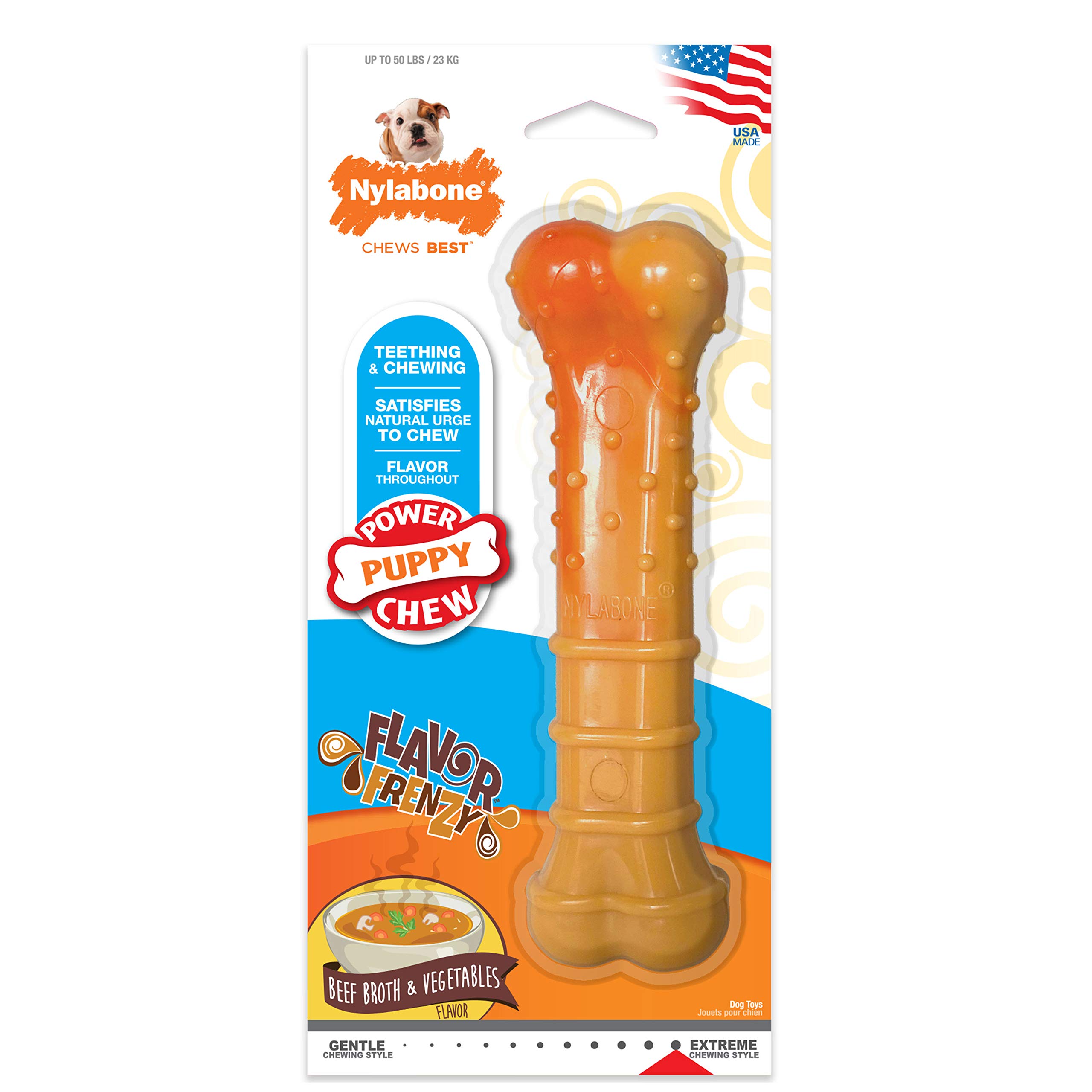 Nylabone Puppy Power Chew Toy - Tough and Durable Puppy Chew Toy for Teething - Puppy Supplies - Beef Broth & Vegetable Flavor, Small (1 Count)