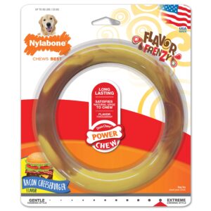 nylabone power chew flavor frenzy ring chew toy for dogs, indestructible chew toys for aggressive chewers, bacon cheeseburger flavor, large/giant - up to 50 lbs. (1 count)