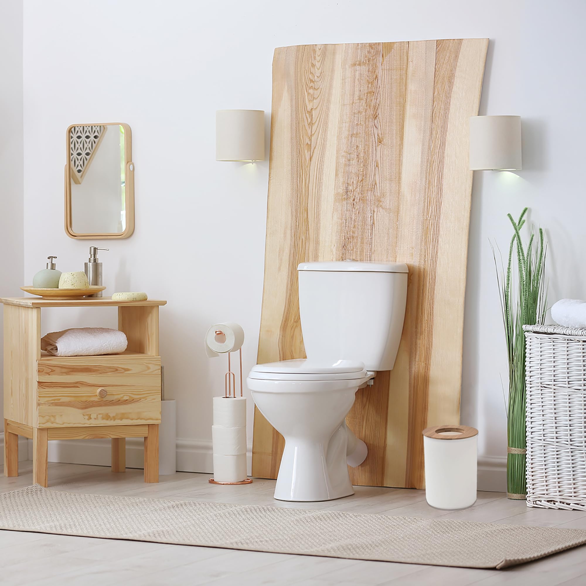 EVIDECO French Home Goods White Bathroom Trash Can Padang Bamboo Top 1.3 Gal - Stylish and Sustainable 5L Waste Solution