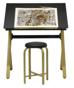 sd studio designs stellar 36" wide craft/drawing table with adjustable top and padded stool set, gold/black