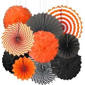 black orange party hanging decorations - halloween graduation construction birthday baby shower wedding party tissue paper pom-poms fans flowers photo booth backdrops decorations, 10pc