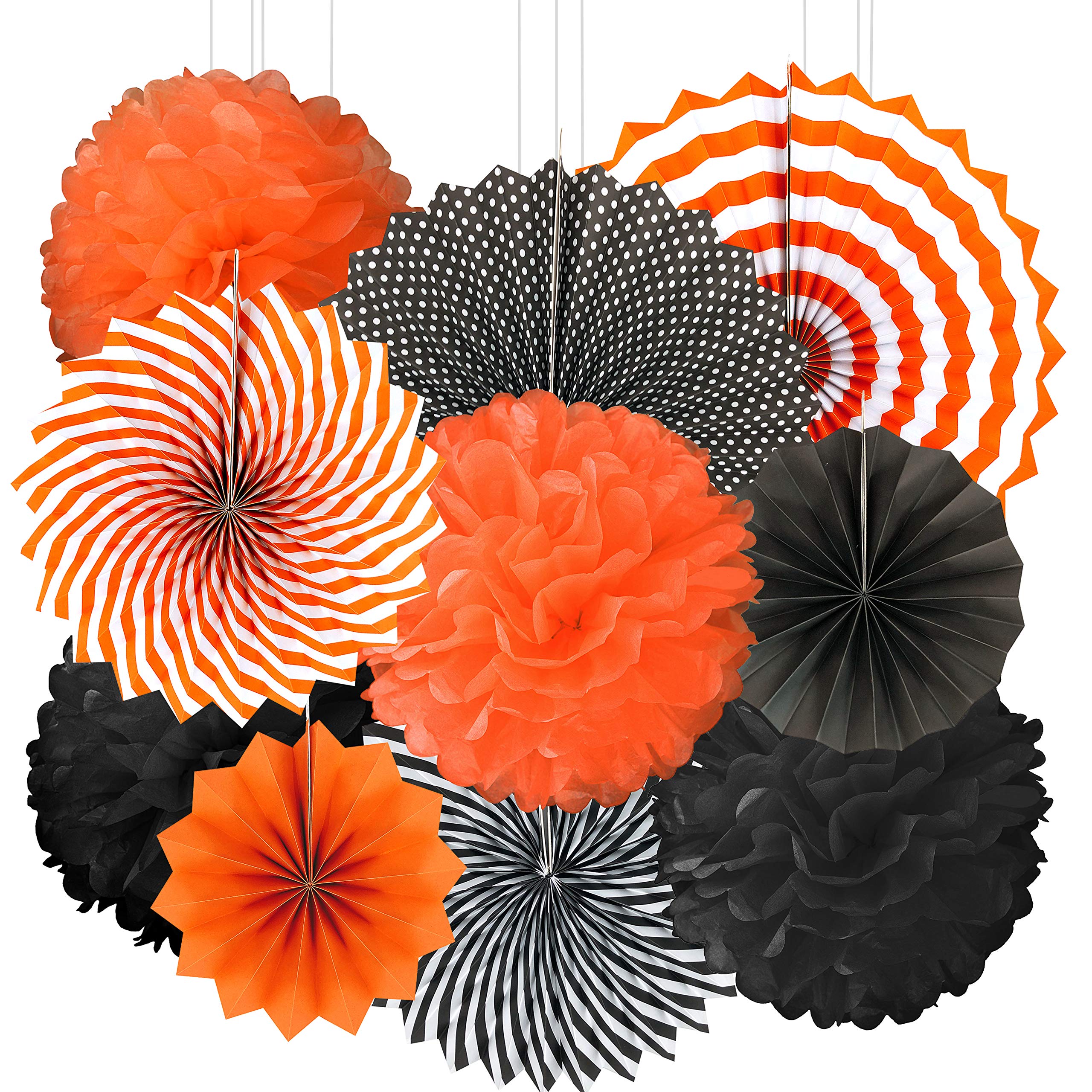 Black Orange Party Hanging Decorations - Halloween Graduation Construction Birthday Baby Shower Wedding Party Tissue Paper Pom-poms Fans Flowers Photo Booth Backdrops Decorations, 10pc