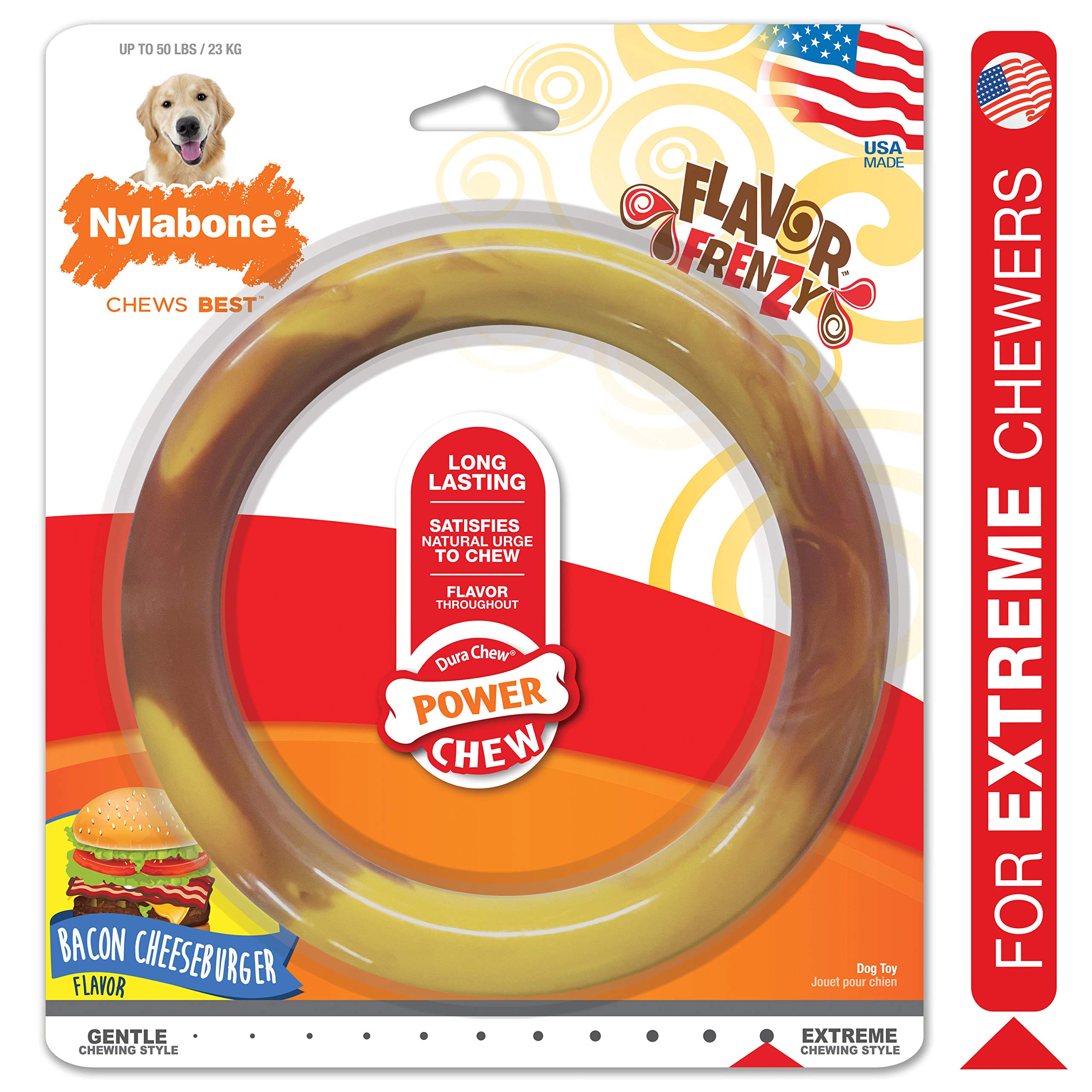 Nylabone Power Chew Flavor Frenzy Ring Chew Toy for Dogs, Indestructible Chew Toys for Aggressive Chewers, Bacon Cheeseburger Flavor, Large/Giant - Up to 50 lbs. (1 Count)