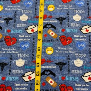 SYKEL ENTERPRISES Nurse Hero on Denim Design Quilting Cotton Fabric, 44 inches Wide, 100% Cotton, Sold by Yard, Blue, Plain, Angle Collection