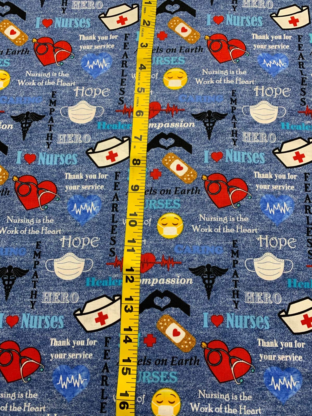 SYKEL ENTERPRISES Nurse Hero on Denim Design Quilting Cotton Fabric, 44 inches Wide, 100% Cotton, Sold by Yard, Blue, Plain, Angle Collection