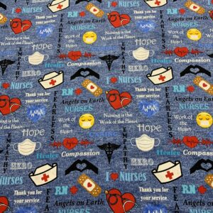 SYKEL ENTERPRISES Nurse Hero on Denim Design Quilting Cotton Fabric, 44 inches Wide, 100% Cotton, Sold by Yard, Blue, Plain, Angle Collection