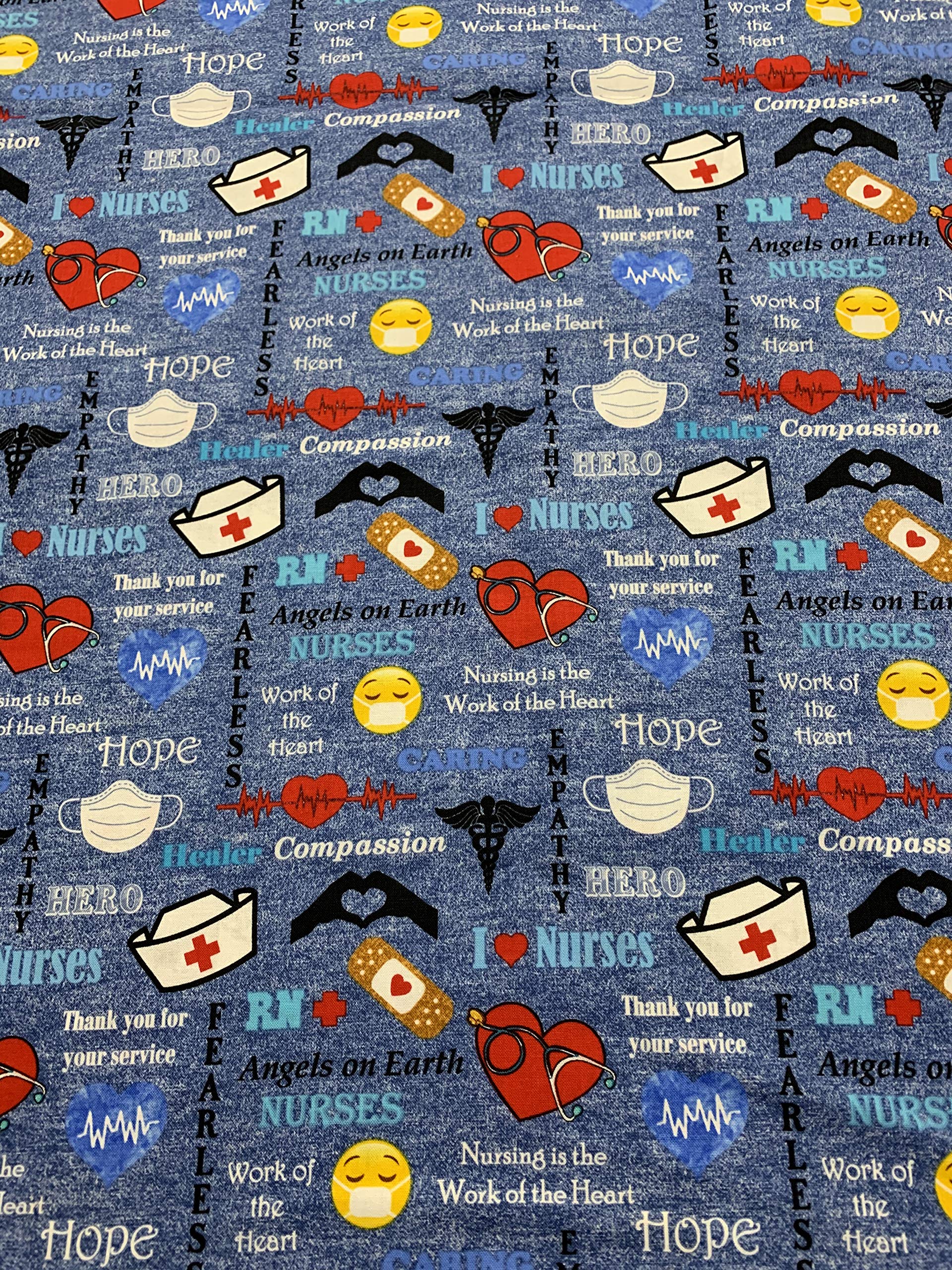 SYKEL ENTERPRISES Nurse Hero on Denim Design Quilting Cotton Fabric, 44 inches Wide, 100% Cotton, Sold by Yard, Blue, Plain, Angle Collection