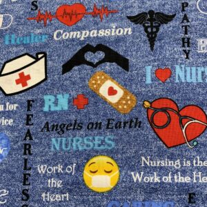 SYKEL ENTERPRISES Nurse Hero on Denim Design Quilting Cotton Fabric, 44 inches Wide, 100% Cotton, Sold by Yard, Blue, Plain, Angle Collection