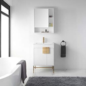 Fine Fixtures - Modern White 24" Bathroom Vanity Set, Satin Brass Hardware, Vireous China Sink Top