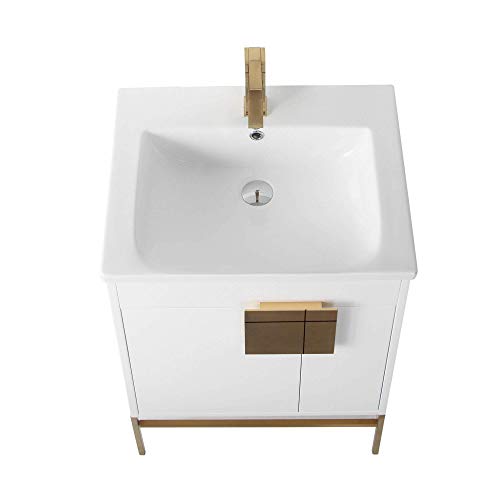 Fine Fixtures - Modern White 24" Bathroom Vanity Set, Satin Brass Hardware, Vireous China Sink Top