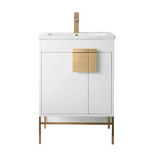 Fine Fixtures - Modern White 24" Bathroom Vanity Set, Satin Brass Hardware, Vireous China Sink Top