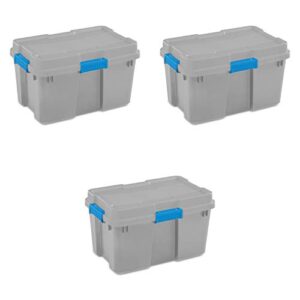 sterilite 30 gal gasket tote, heavy duty stackable storage bin with latching lid, plastic container to organize basement, gray base and lid, 3-pack