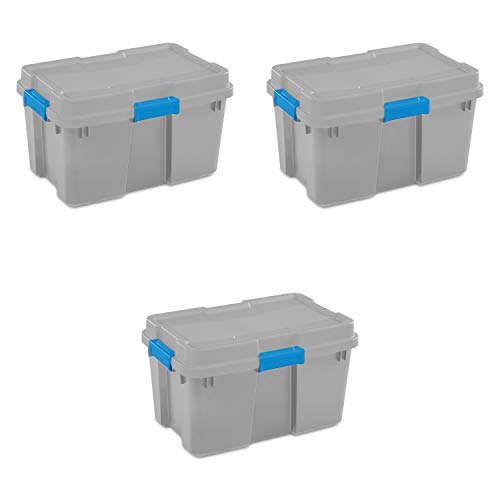 Sterilite 30 Gal Gasket Tote, Heavy Duty Stackable Storage Bin with Latching Lid, Plastic Container to Organize Basement, Gray Base and Lid, 3-Pack