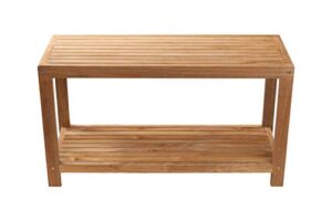 nordic style teak wood shower stool and spa bench with shelf, teak shower bench for indoor and outdoor use, teak storage bench, teakwood shower bench, natural teak finish, 35"