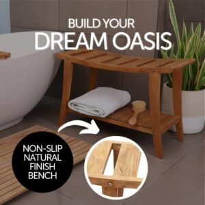 NORDIC STYLE TEAK Wood Shower and Spa Bench with Shelf, Indoor and Outdoor Use (30" Asian Style)