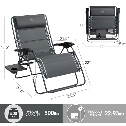 TIMBER RIDGE Oversized Zero Gravity Chair, 33In Wide XXL Zero Gravity Reclining Chair with Side Table, Full Padded Lounge Chair for Outdoor Camping Patio Lawn, Heavy Duty Supports 500lbs, Grey-1 Pack