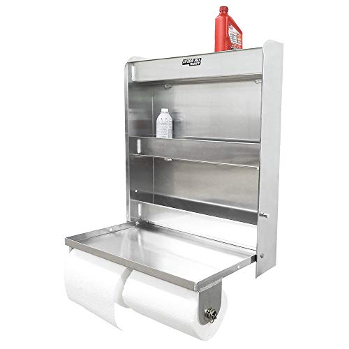 Extreme Max 5001.6049 Aluminum Work Station Storage Cabinet w/ Flip-Out Work Tray & Paper Towel Rack Organizer for Enclosed Race Trailer, Shop, Garage, Storage,Silver