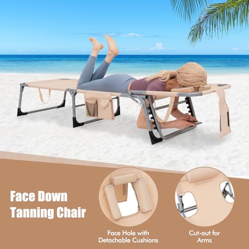 Goplus Tanning Chair, Folding Adjustable Patio Lounge Chair with Face Hole, Removable Pillow, 330LBS, Carry Strap, Outdoor Sunbathing Chair, Lightweight Portable Beach Lounge Chair (1, Beige)