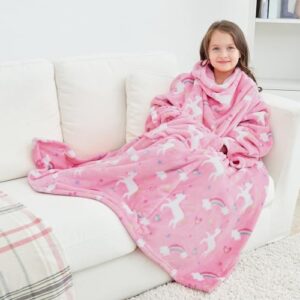 wearable fleece blanket with sleeves & foot pocket for kids boys girls children,lightweight soft blanket with sleeves and hook & loop 48" x 48" pink unicorn