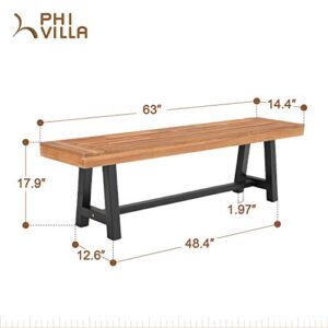 PHI VILLA Outdoor Acacia Wood Bench, 63" Long Patio Wooden Picnic Bench for 3 People, Backless Oil Finished Teak Bench for Garden, Porch, Yard