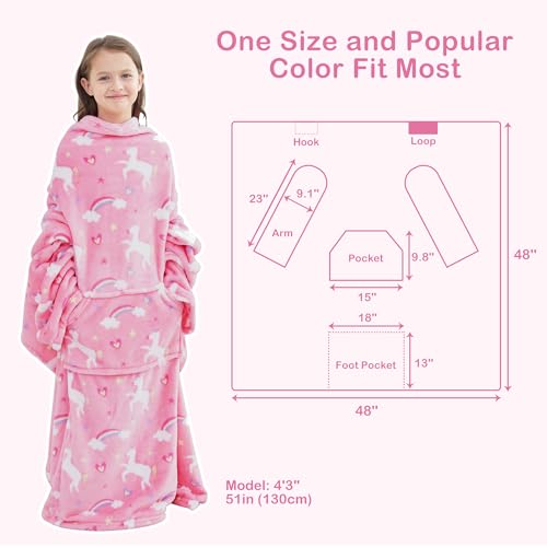 Wearable Fleece Blanket with Sleeves & Foot Pocket for Kids Boys Girls Children,Lightweight Soft Blanket with Sleeves and Hook & Loop 48" x 48" Pink Unicorn