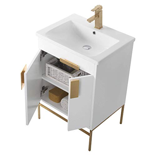 Fine Fixtures - Modern White 24" Bathroom Vanity Set, Satin Brass Hardware, Vireous China Sink Top