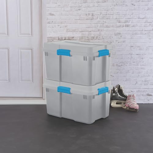 Sterilite 30 Gal Gasket Tote, Heavy Duty Stackable Storage Bin with Latching Lid, Plastic Container to Organize Basement, Gray Base and Lid, 3-Pack