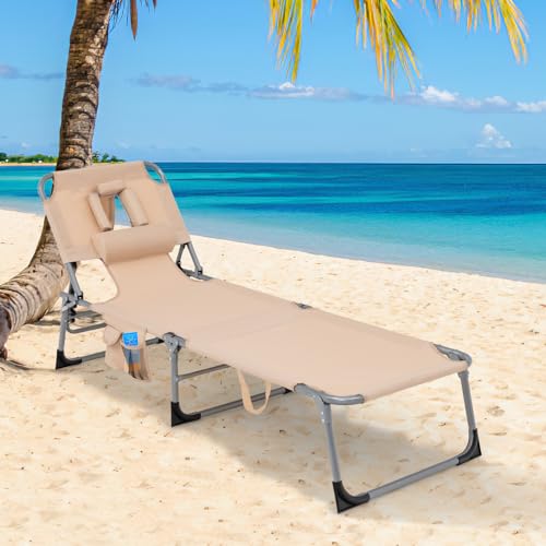 Goplus Tanning Chair, Folding Adjustable Patio Lounge Chair with Face Hole, Removable Pillow, 330LBS, Carry Strap, Outdoor Sunbathing Chair, Lightweight Portable Beach Lounge Chair (1, Beige)